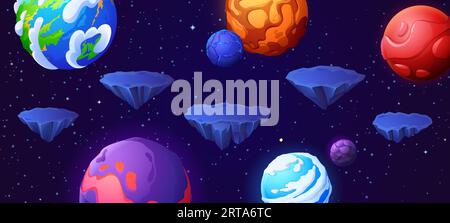 Floating platform space game level ui background. 2d planet in galaxy ...