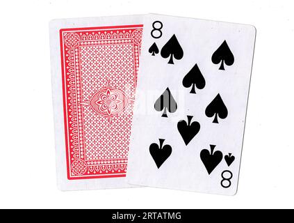 A pair of vintage eight of spades playing cards on a white background ...