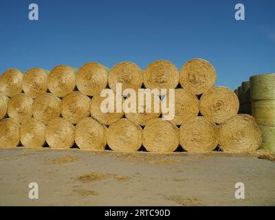 Austria, stacked straw bales used as bedding and fodder for cattle ...