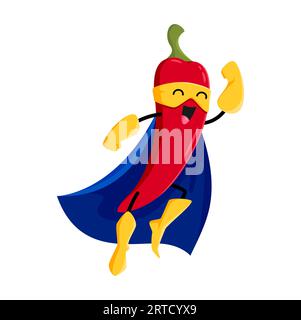 Cartoon chili pepper superhero character, vector funny red jalapeno ...