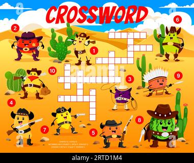 Crossword quiz grid. Wild West cartoon cowboy, sheriff and indian ...