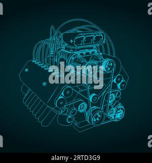 Stylized vector illustration of blueprint of powerful turbocharged V ...