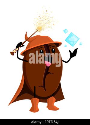 Cartoon Halloween coffee bean sorcerer character. Isolated vector funny ...