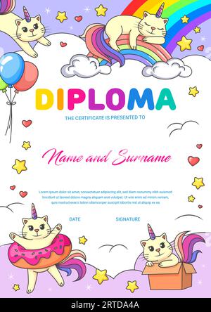 Kids diploma, cartoon caticorn cats and kitten characters. Vector ...