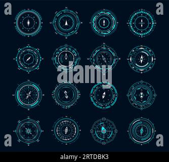 HUD compass, aim control panel or navigation interface. Vector sci-fi target, futuristic ...