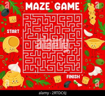 Labyrinth maze, cartoon italian pasta characters pathfinding game quiz ...