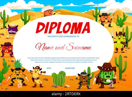 Wild West kids diploma. Cartoon cowboy, sheriff, ranger and bandit ...
