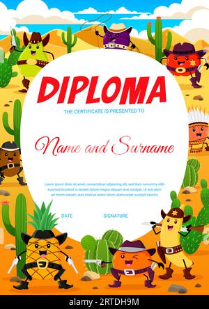 Kids diploma, Wild West cartoon vitamin A, B and E cowboy, bandit and ...
