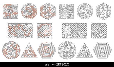 Labyrinth maze riddle, finding path and exit searching logical game. Triangular, circle and ...