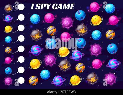 Kids I spy game with galaxy space planets and comets, UFO and ...