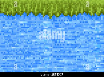8 bit pixel game waterfall cascade landscape, video arcade vector ...