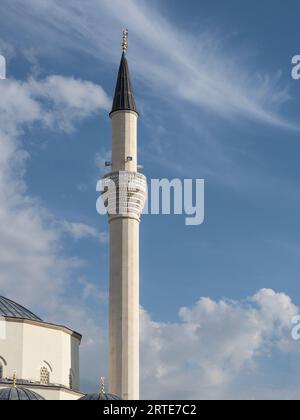 North Macedonia, Ohrid. Mosque tower. Summer, blue sky with white ...