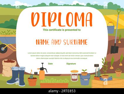 Farmer diploma with farm and gardening tools frame background. Vector ...