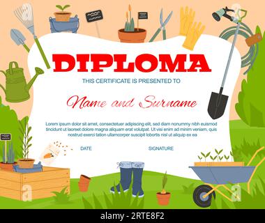 Farmer diploma with farm and gardening tools frame background. Vector ...