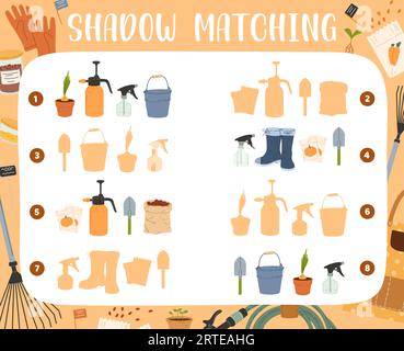 Shadow matching activity for children with garden tools and young ...