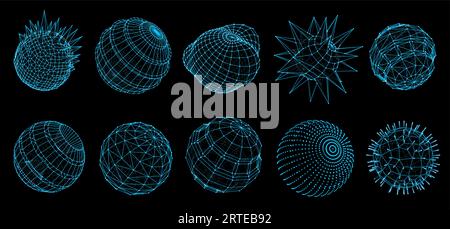 3d futuristic sphere and ball with spikes shape. Wireframe structure, futuristic blue wire line ...