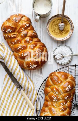 Challah (a Jewish sweet bread plait) with ingredients and coffee Stock ...