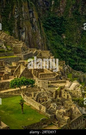Reconstructed stone buildings on Machu Picchu; Machu Picchu, Peru Stock ...