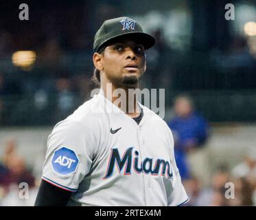 Miami Marlins starting pitcher Edward Cabrera (27) pitches during the ...