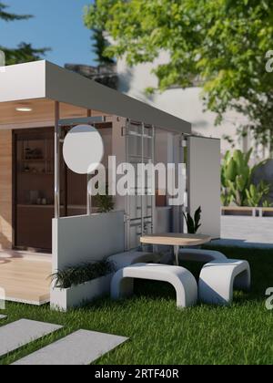 A modern and minimalist small street cafe exterior design with an ...