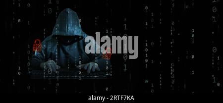 A hacker behind binary code, a stream of data, unlocks cyber security ...
