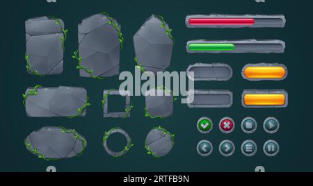 Stone game menu boards with vines. Tablets, buttons, cartoon interface plaques, frames and ...