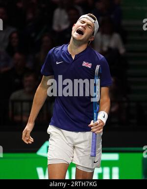 Britain's Jack Draper reacts during the quarterfinal match of the Queen ...