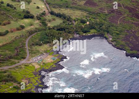 Aerial view of Punaluu Black Sand Beach on the south coast of Big ...
