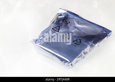 Plastic packaging symbols: warning to keep bags away from children, recycle icon, recyclable ...