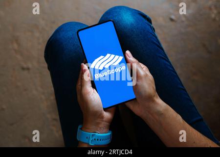 In this photo illustration, the BlueScope Steel Limited logo is ...