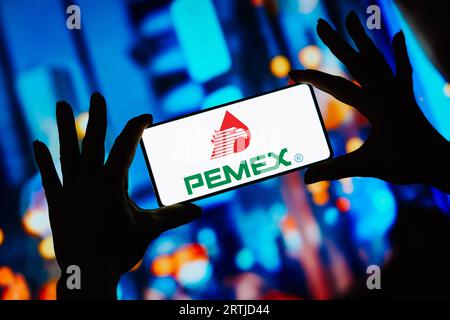 In this photo illustration, the Petróleos Mexicanos (PEMEX) logo is ...