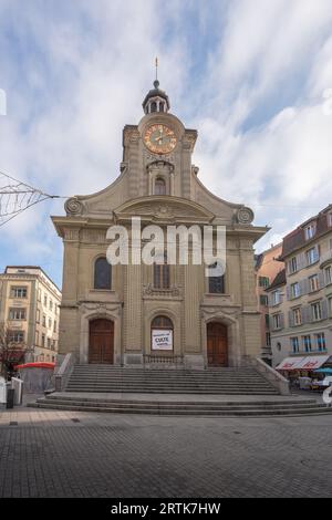 Lausanne, Switzerland, the facade and bell tower of the St. Francis ...