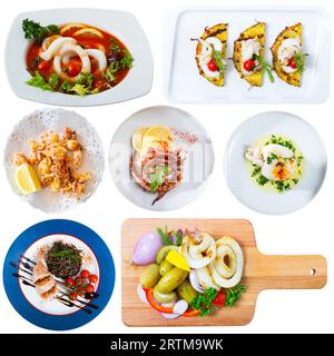 Various dishes of squid and cuttlefish with vegetables Stock Photo - Alamy