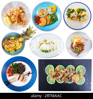 Various dishes of squid and cuttlefish with vegetables Stock Photo - Alamy
