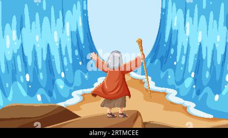 A vibrant vector cartoon illustration depicting Moses and the burning ...