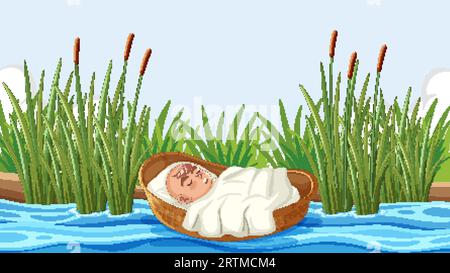 Illustration of baby Moses floating along the Nile River Stock Vector ...