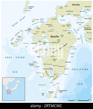 Kyushu, political map. Region of Japan, and one of five main islands ...