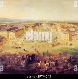Elevated view of the Palace of Versailles, France, and it's Gardens ...