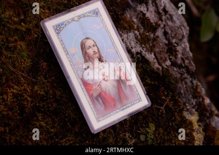 Jesus Christ. His wounded hand points to the symbolic sacred heart ...