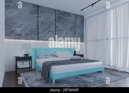Modern Luxury Bedroom with powder blue Color. 3D Illustration Render ...