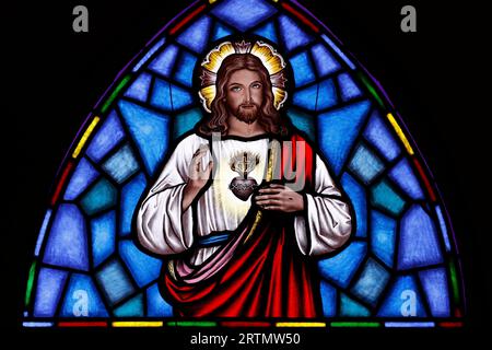 Jesus Christ. His wounded hand points to the symbolic sacred heart ...