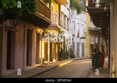 A street scene in Cartagena, Colombia, depicting the vibrant urban life ...
