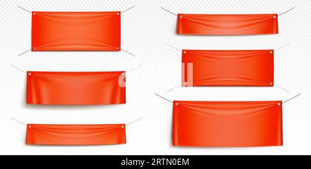 Blank red canvas banners mockup. Horizontal fabric flags, textile sheet ...
