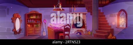 Medieval dungeon room with cauldron in stove. Vector cartoon ...