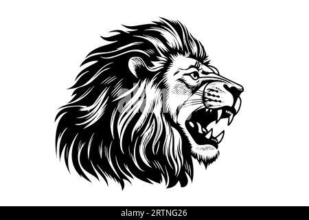 Lion growl head portrait sketch hand drawn engraving style vector ...
