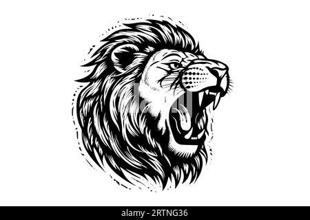 Lion growl head portrait sketch hand drawn engraving style vector ...