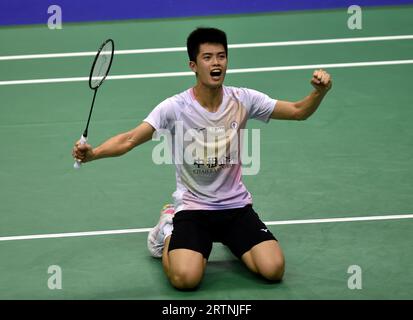 Hong Kong. 14th Sep, 2023. Lee Chia Hao of Chinese Taipei hits a return to Lee Zii Jia of ...