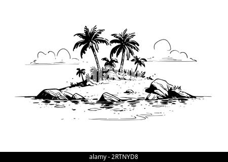 Islands with palms landscape hand drawn ink sketch. Engraving style ...