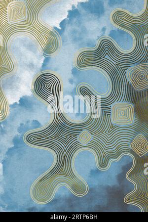 Blue and golden liquid texture, watercolor hand drawn marbling ...