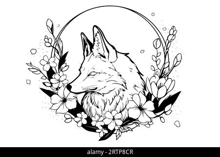 Fox head framed with flowers hand drawn ink sketch. Engraving style ...